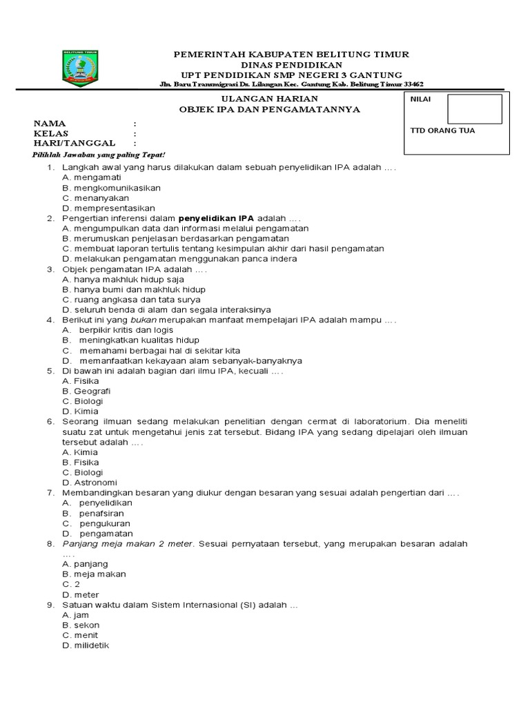 Soal Ipa Objek Ipa Dan Pengamatannya. | PDF Soal Ipa Objek Ipa Dan Pengamatannya. | PDF