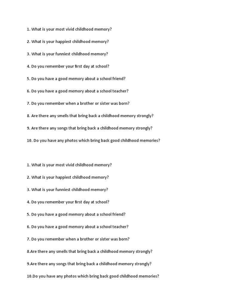Childhood Memory Reflection Prompts | PDF | Language Arts & Discipline ...