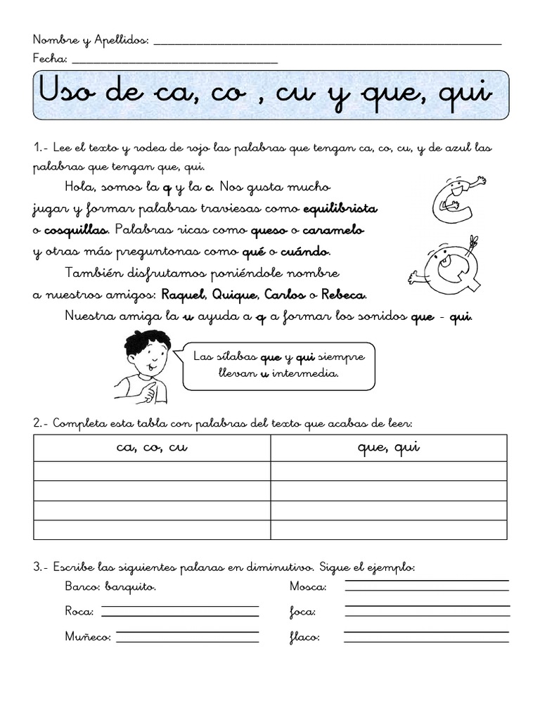 Ficha Trabajo Ca, Co, Cu, Que, Qui | PDF