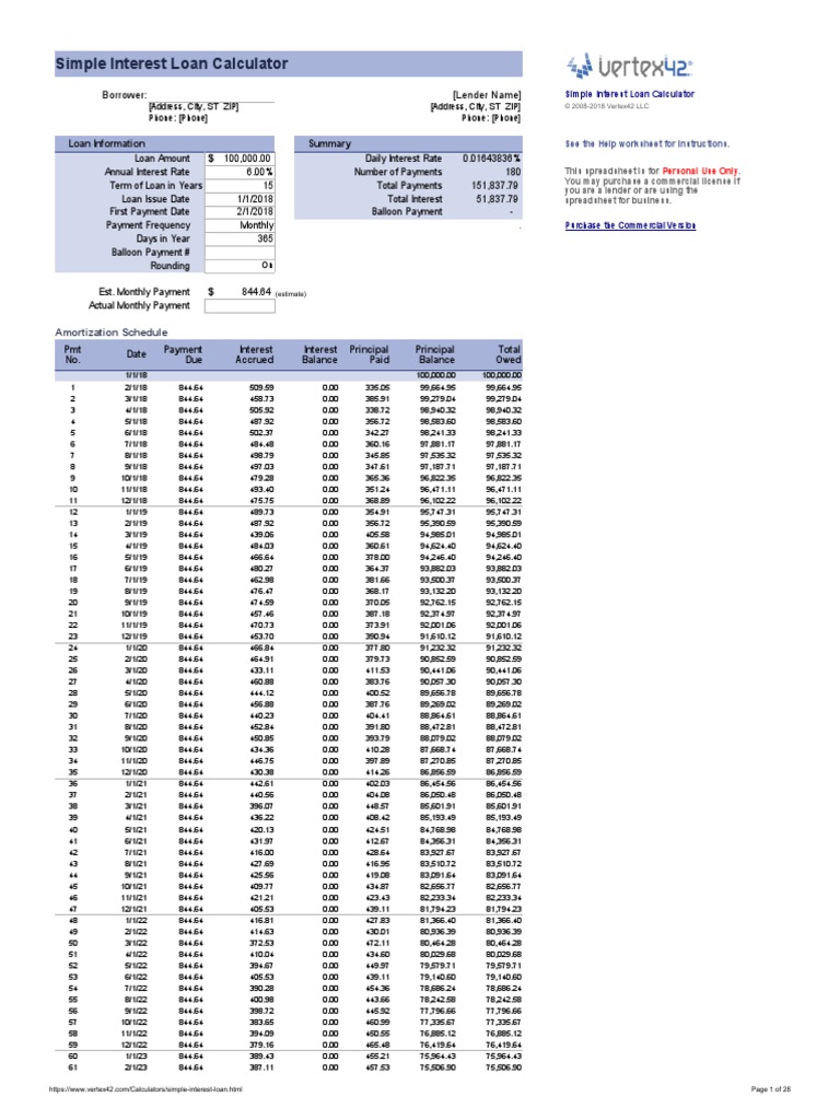 Simple Interest Loan Calculator: Borrower: (Lender Name) | PDF | Loans ...