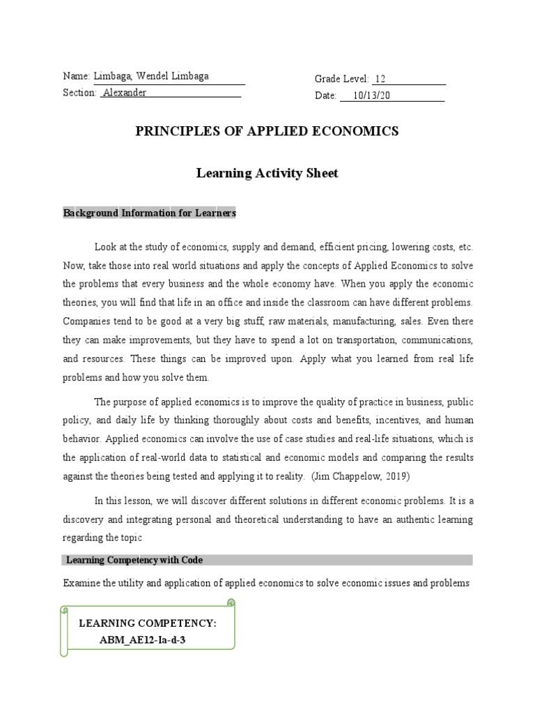 Principles of Applied Economics Learning Activity Sheet | PDF