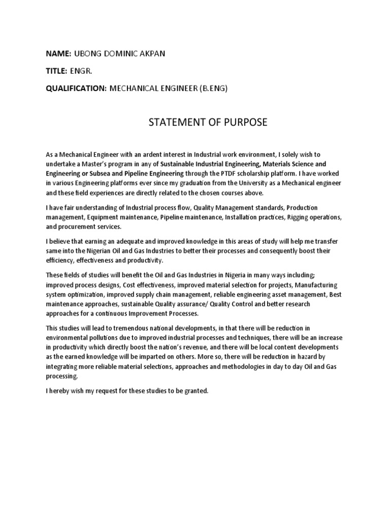 Statement of Purpose: Name: Ubong Dominic Akpan Title: Engr ...