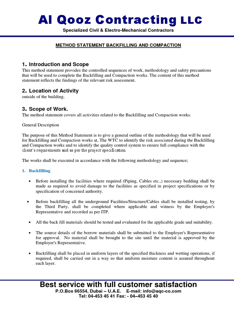 Backfilling Compaction Method Statement | PDF | Specification (Technical Standard) | Safety