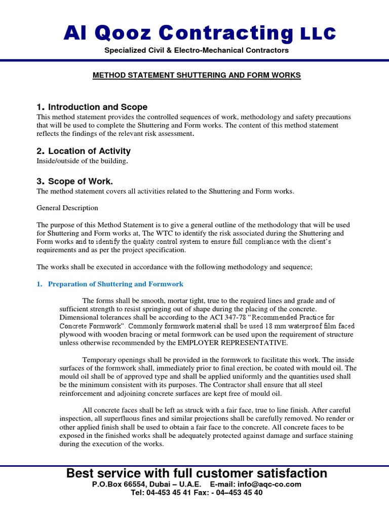 5.method Statement Shuttering and Form Work | PDF | Safety | Concrete