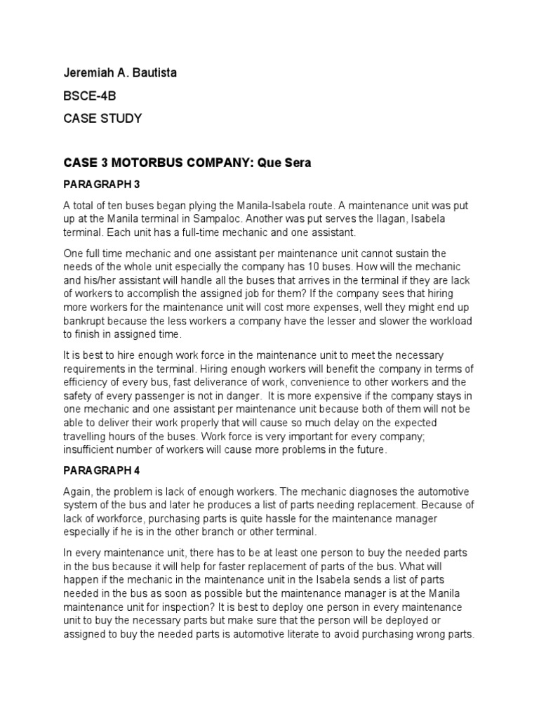 Jeremiah A. Bautista Bsce-4B Case Study: Case 3 Motorbus Company: Que Sera | PDF | Bus | Economies