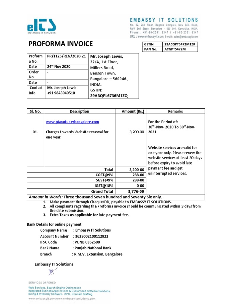 Proforma Invoice: Mr. Joseph Lewis | PDF | Banking | Financial Services