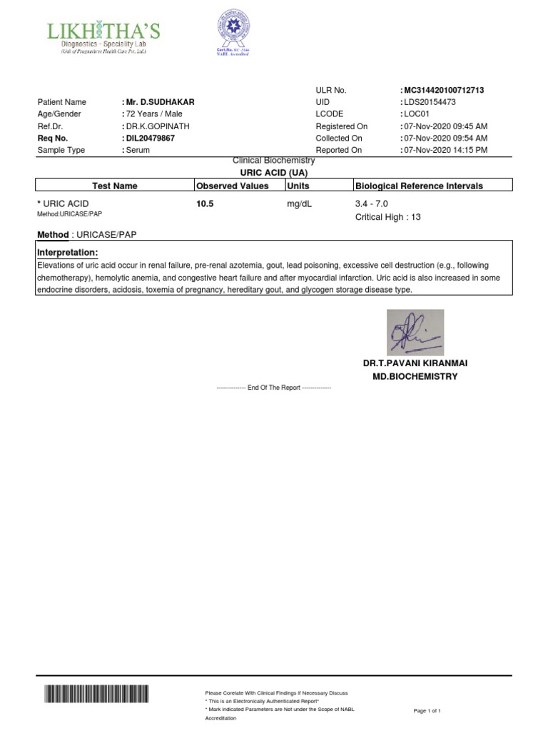 Uric Acid (Ua) Test Name Observed Values Units Biological Reference ...