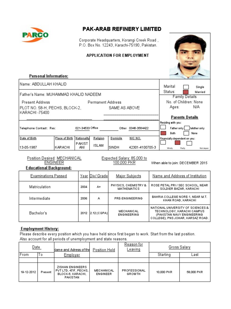 Pak-Arab Refinery Limited: Application For Employment | Download Free ...