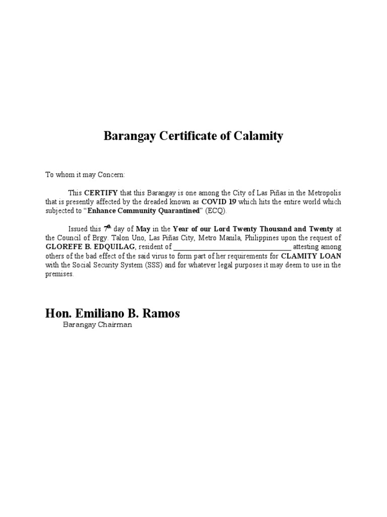 Barangay Certificate of Calamity | Download Free PDF | Tropical ...