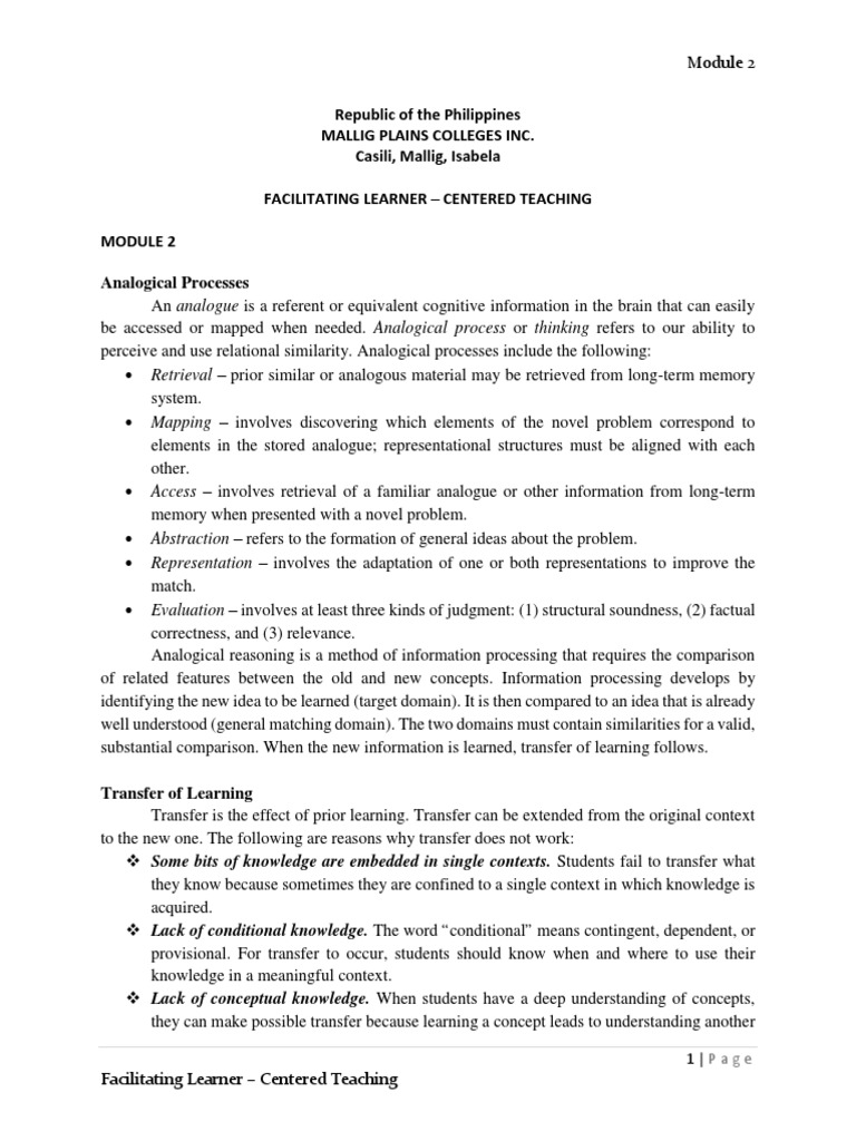 Module 2 Facilitating Learner Centered Teaching Pdf Analogy