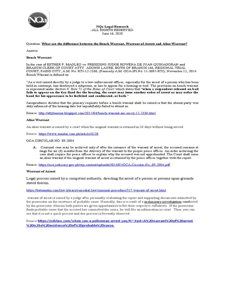 NQa Legal Research-Difference-Between-Bench-Warrant-Warrant of Arrest ...
