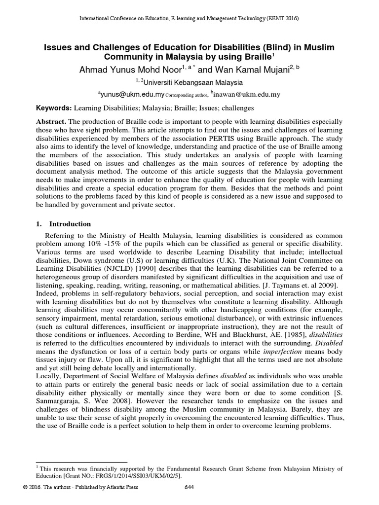 Issues and Challenges of Education For Disabilities (Blind) in Muslim ...
