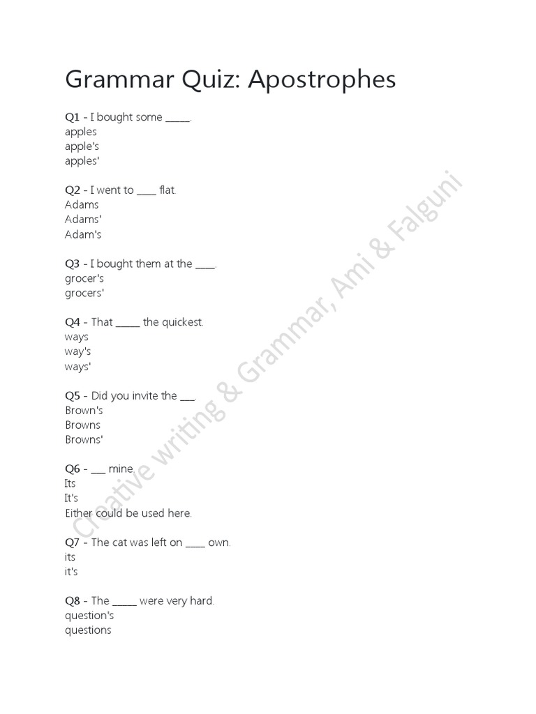 Grammar Quiz: Apostrophes | PDF