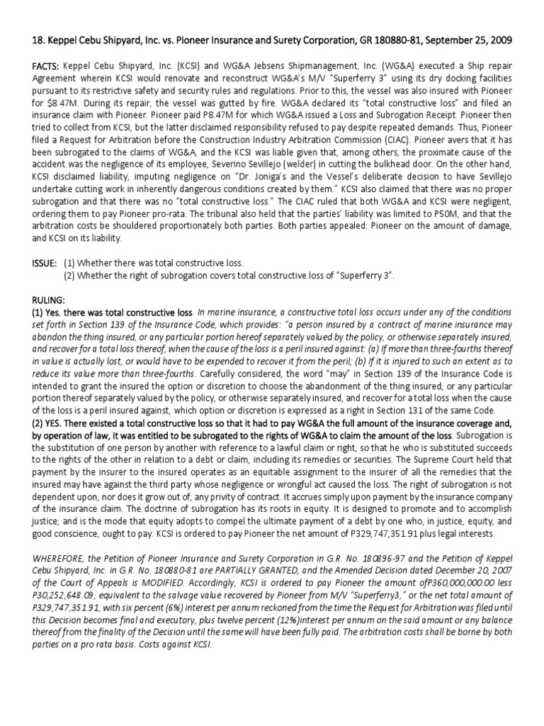 Keppel Cebu Shipyard Vs Pioneer Insurance Sept. 25 2009 | PDF ...