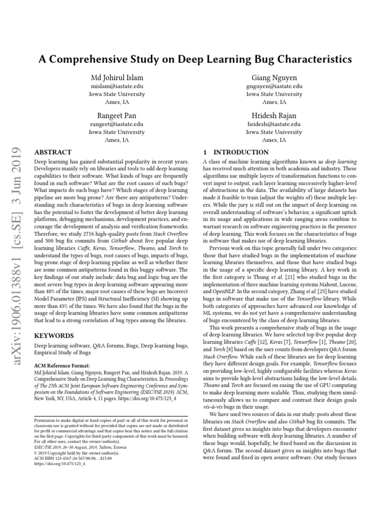 A Comprehensive Study On Deep Learning Bug Characteristics: MD Johirul Islam Giang Nguyen | PDF ...