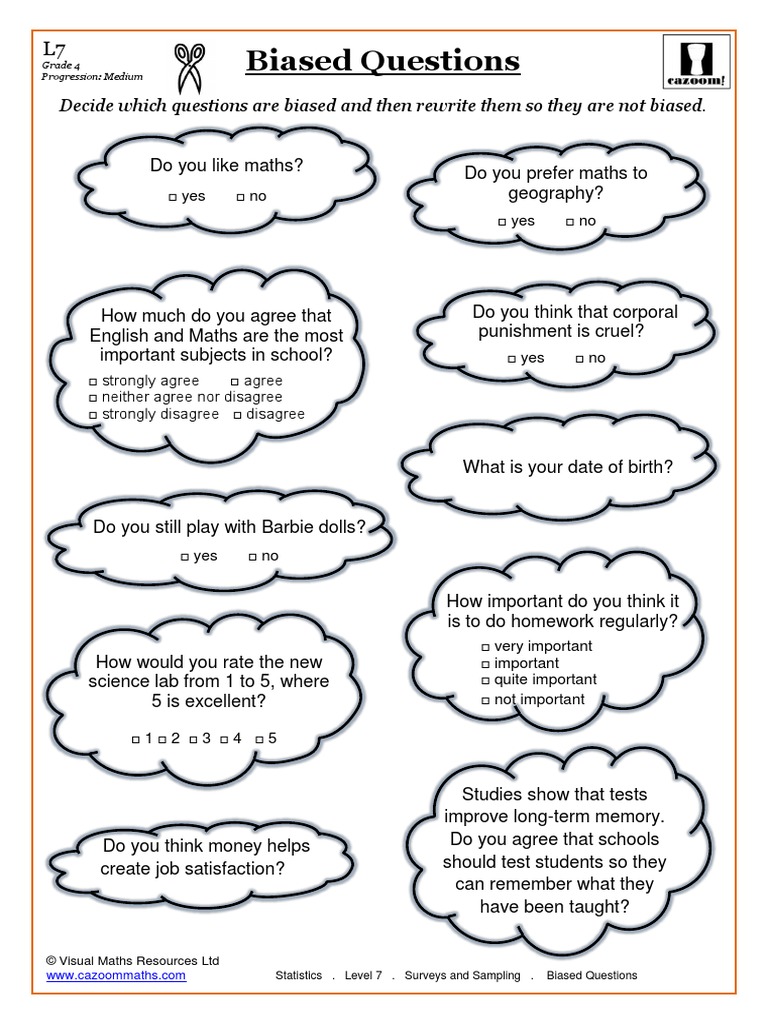 Statistics. Level 7. Surveys and Sampling. Biased Questions PDF | PDF