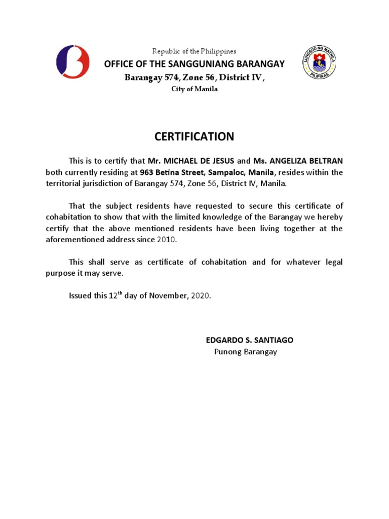 Certificate of Cohabitation Sample | PDF