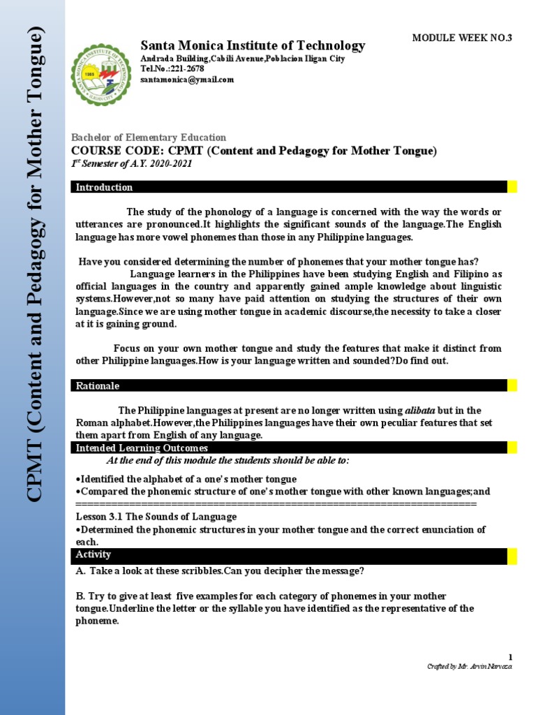 Santa Monica Institute of Technology: COURSE CODE: CPMT (Content and Pedagogy For Mother Tongue ...