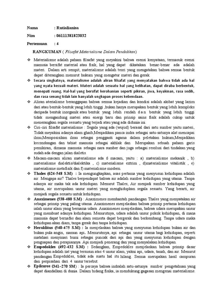 Rangkuman Filsafat Materialisme (Tugas4) | PDF | Filsafat