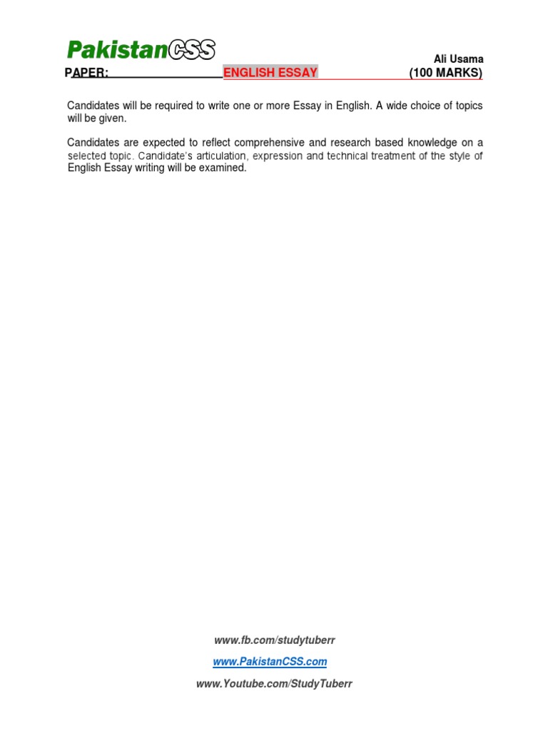 Paper: (100 MARKS) : English Essay | PDF
