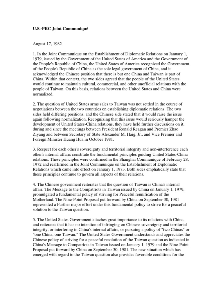 1982 Joint Communique | PDF | China–United States Relations | Taiwan