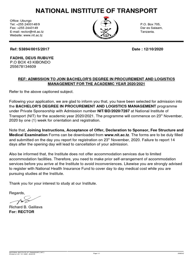 Admission Letter PDF | PDF