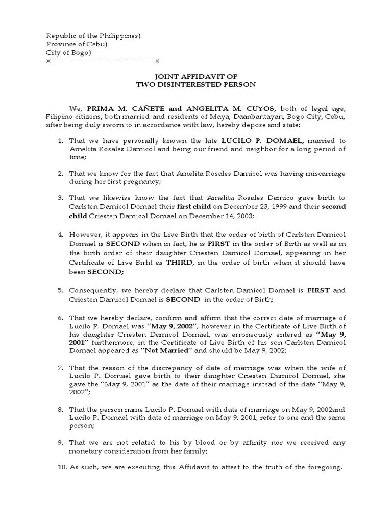 JOINT AFFIDAVIT - Birth Order-Date of Marriage-Sss-Domael | PDF ...