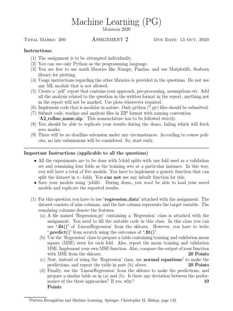 Machine Learning Assignment 2 Guide | PDF | Mean Squared Error | Regression Analysis