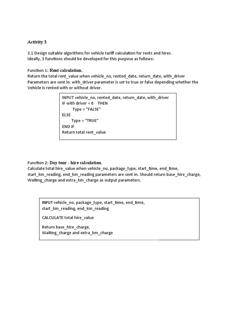 Vehicle Rent and Hire Calculation Algorithms | PDF