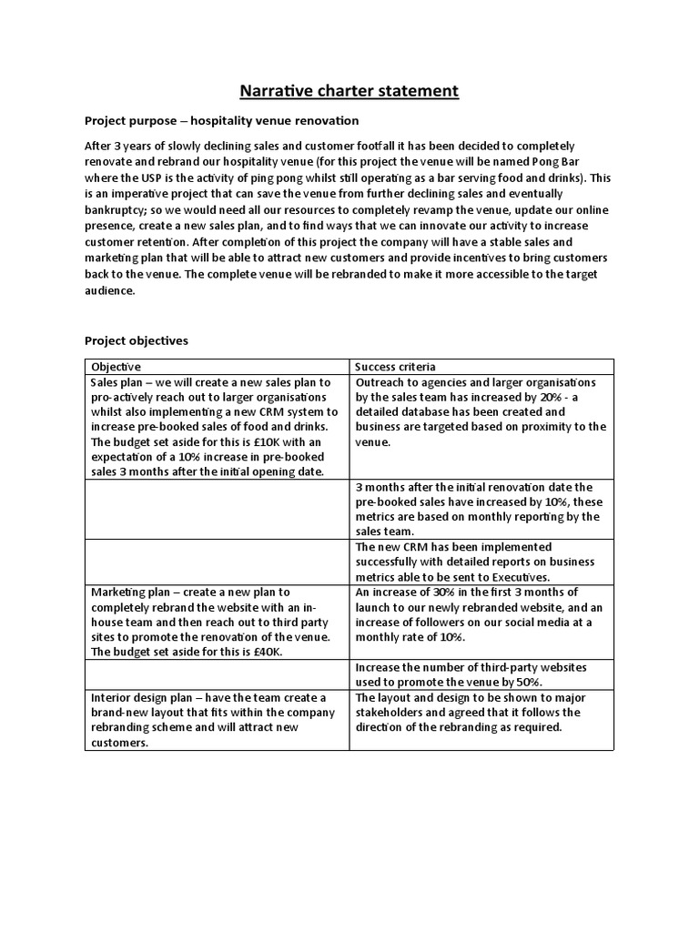 Narrative Charter Statement: Project Purpose - Hospitality Venue ...