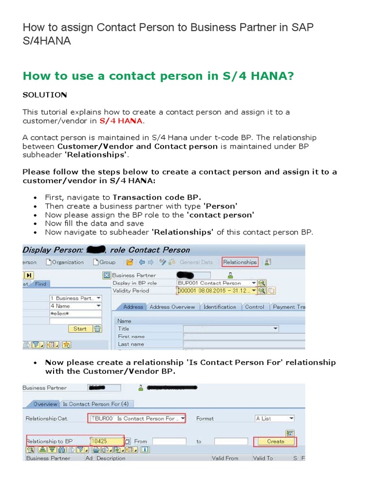How To Assign Contact Person To Business Partner In SAP S4HANA PDF