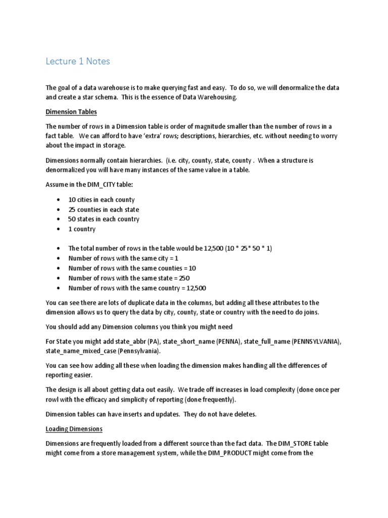 Lecture 1 Notes: Dimension Tables | PDF | Information Retrieval | Data