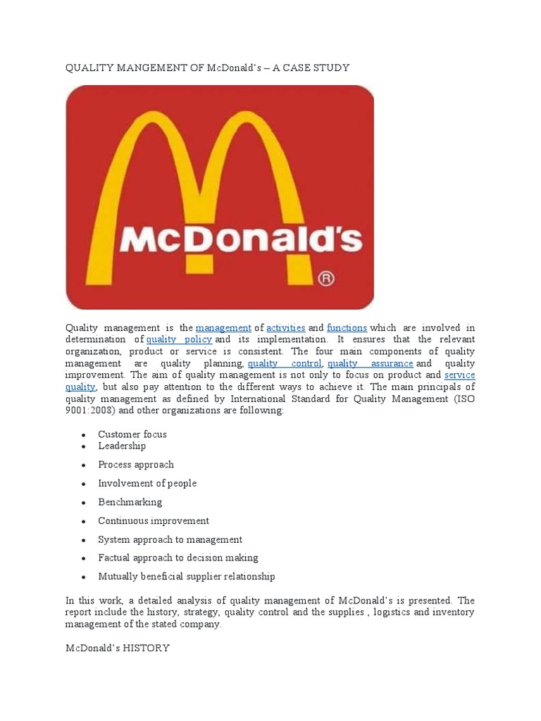 QUALITY MANGEMENT OF McDonald - Case Study | PDF | Mc Donald's ...