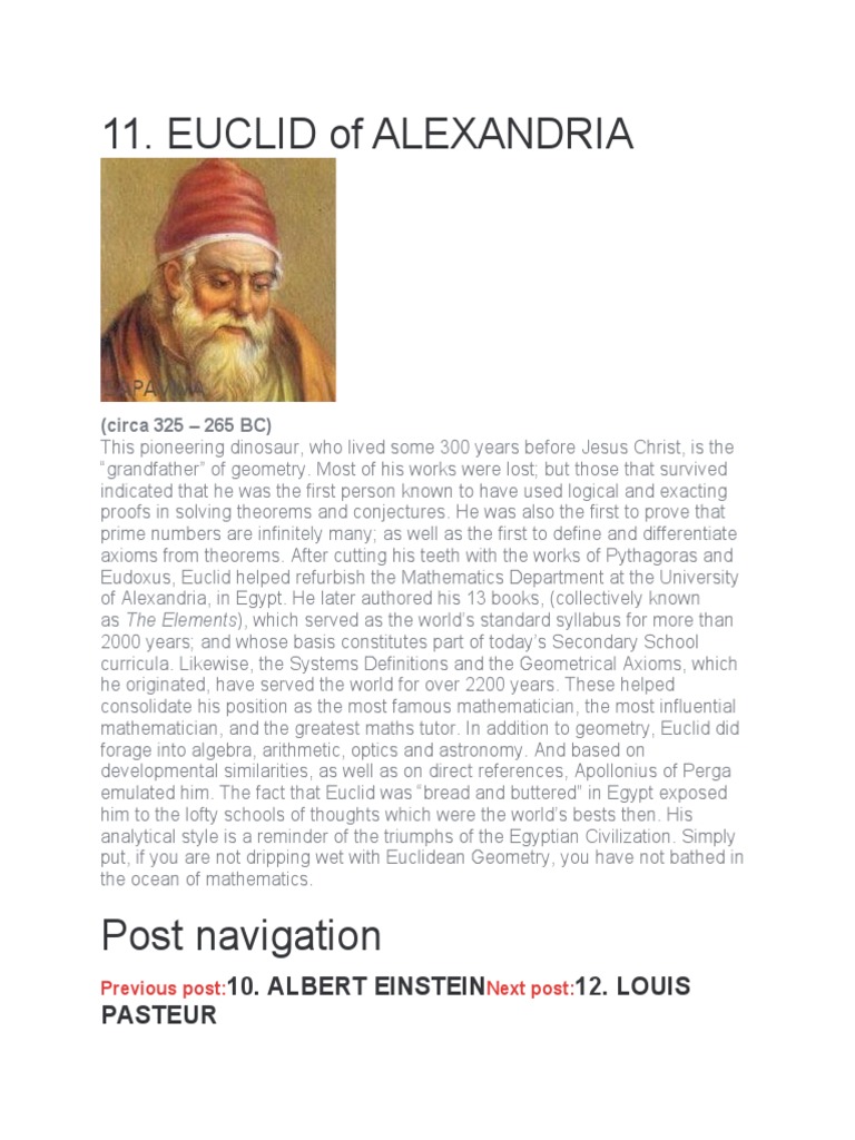 Euclid of Alexandria: 10. Albert Einstein 12. LOUIS Pasteur | PDF ...