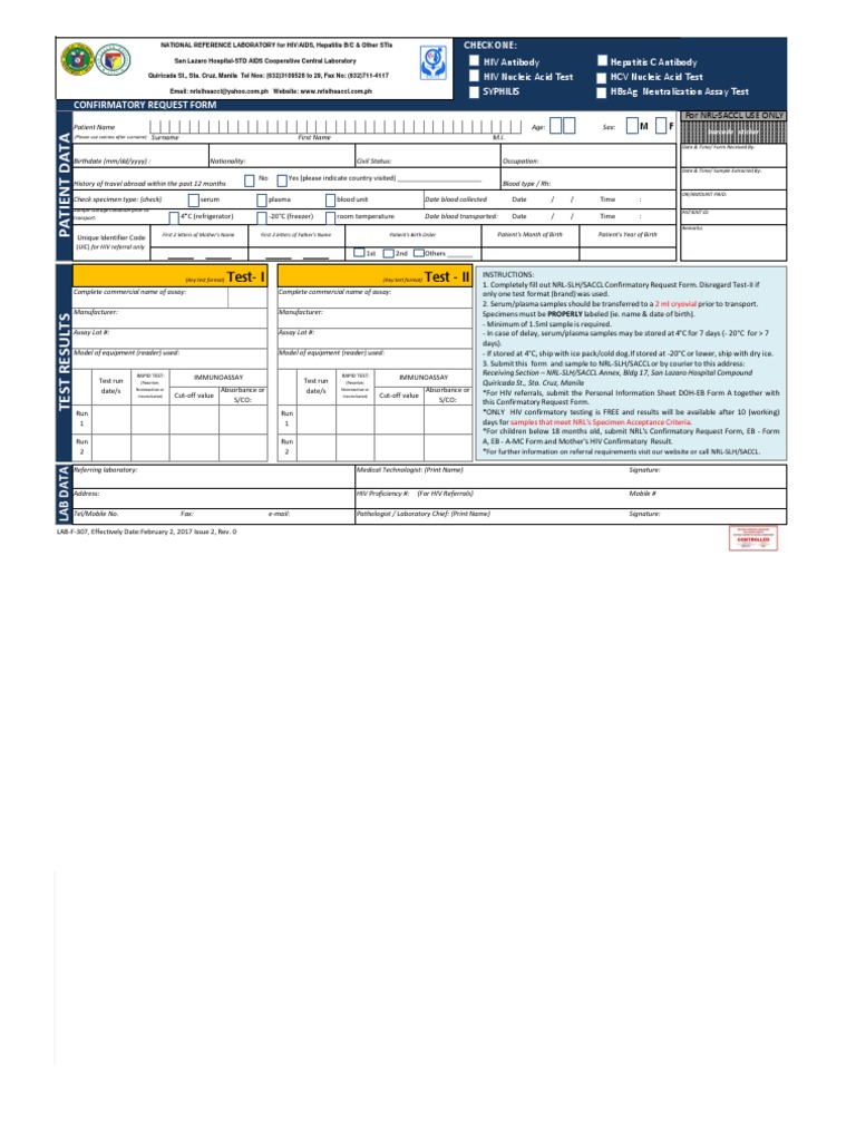Test - II Test-I: Confirmatory Request Form | PDF | Blood Plasma ...
