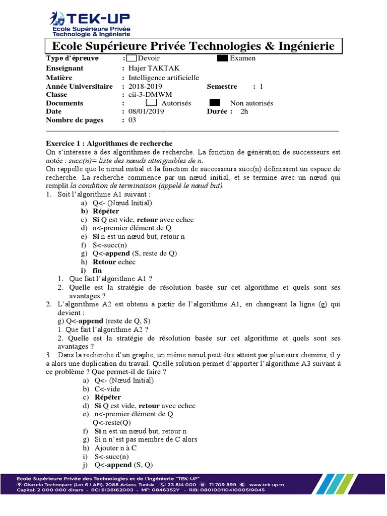 Examen IA DSEN3 | PDF | Mathématiques appliqués | Enseignement des mathématiques