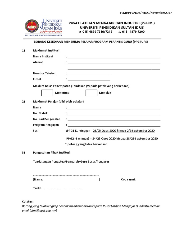 Borang Kesediaan Menerima Pelajar PPG | PDF