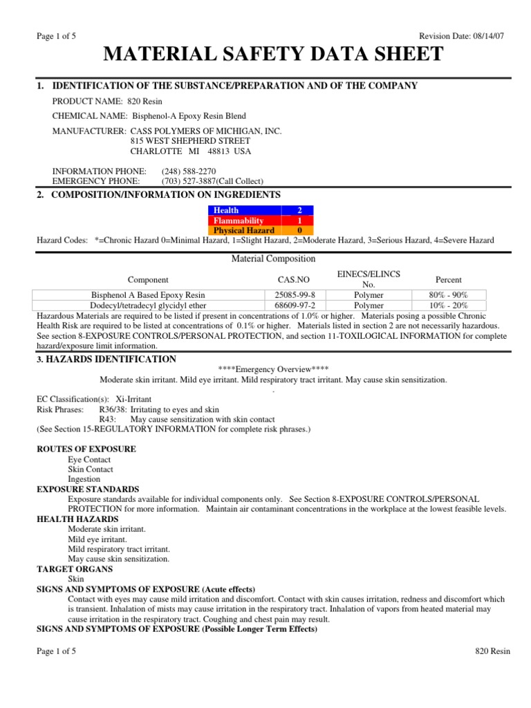 820 Resin MSDS | PDF | Firefighting | Toxicity