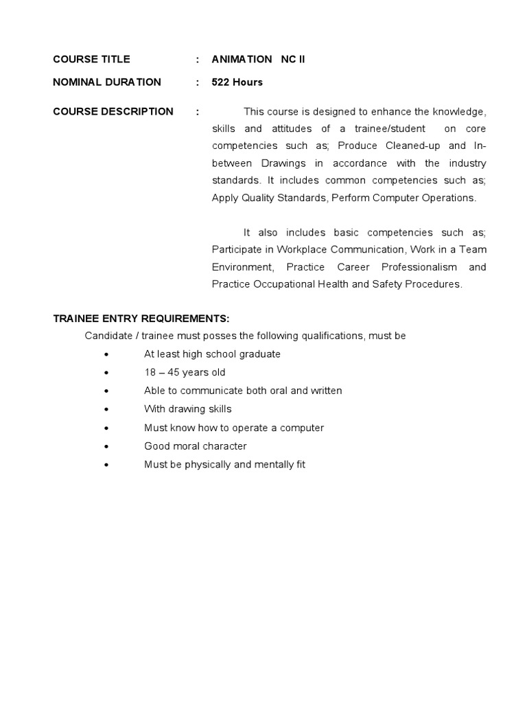 ANIMATION NC II New | PDF | Computer File | Occupational Safety And Health