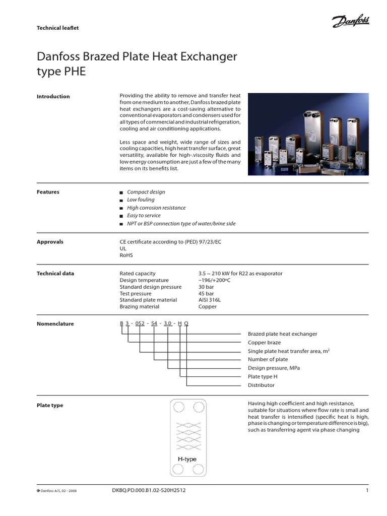 Danfoss Brazed Plate Heat Exchanger Type PHE: Technical Leafl Et | PDF | Heat Exchanger ...