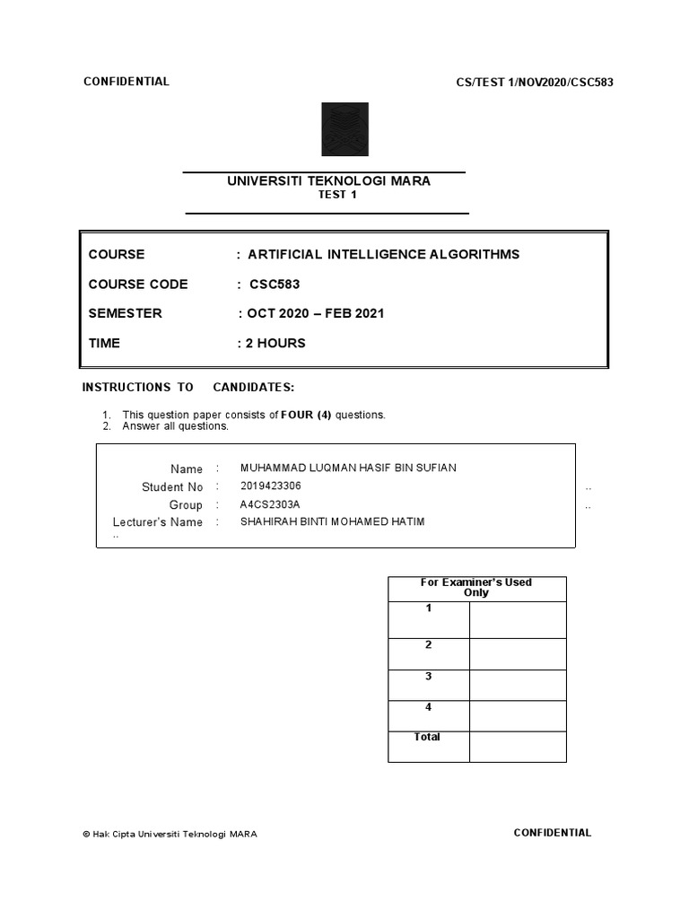 Universiti Teknologi Mara: Confidential CS/TEST 1/NOV2020/CSC583 | PDF ...