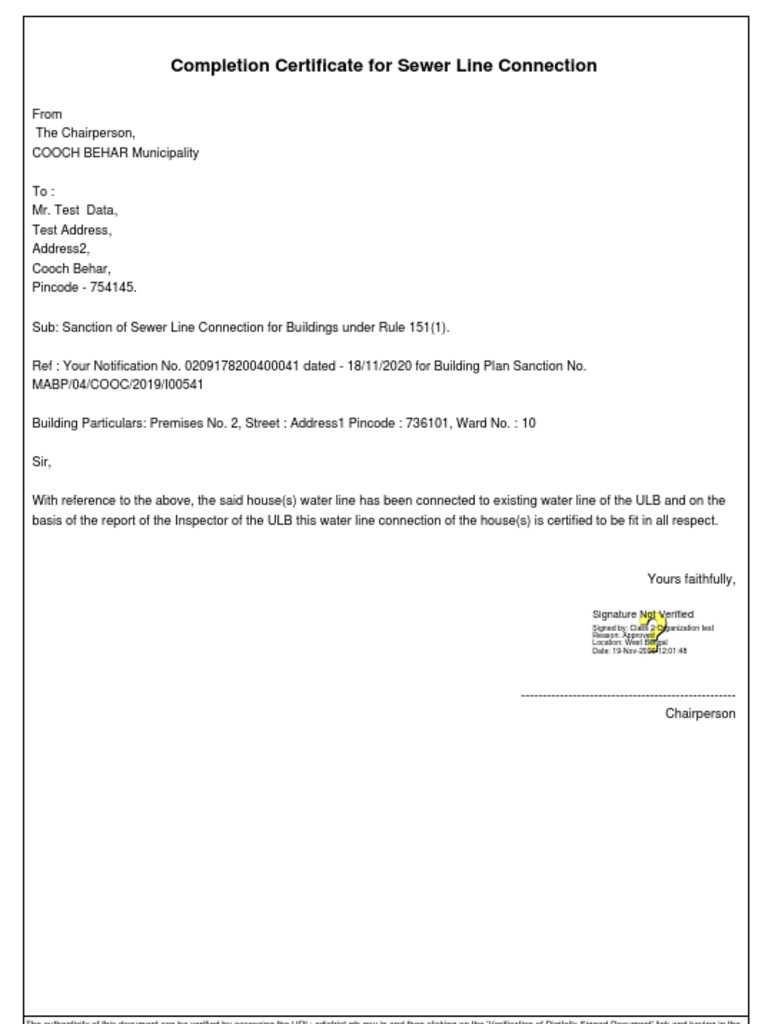 Sewer Line Connection Completion Certificate | PDF | Cyberwarfare ...