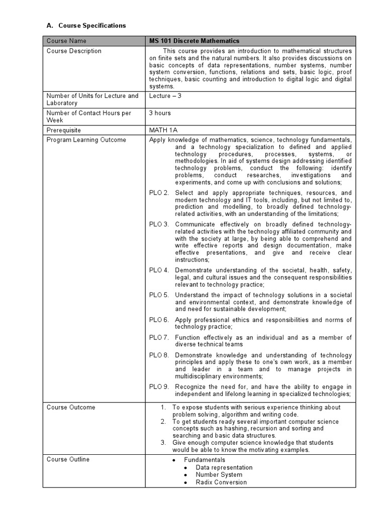 A. Course Specifications MS 101 Discrete Mathematics | PDF | System ...