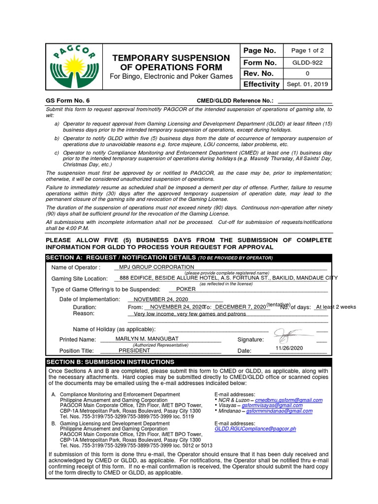 PAGCOR Temporary Suspension Request Form | PDF | Government Information ...