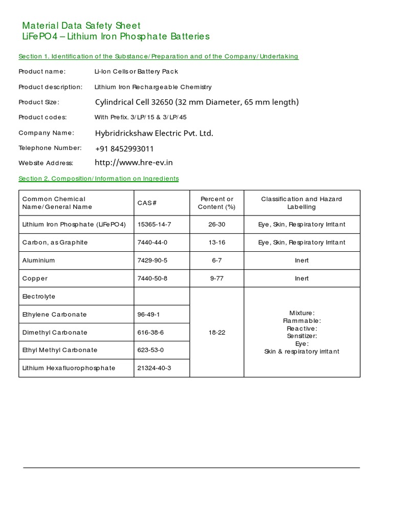 Safety Data Sheet for Lithium Iron Phosphate Batteries | PDF ...