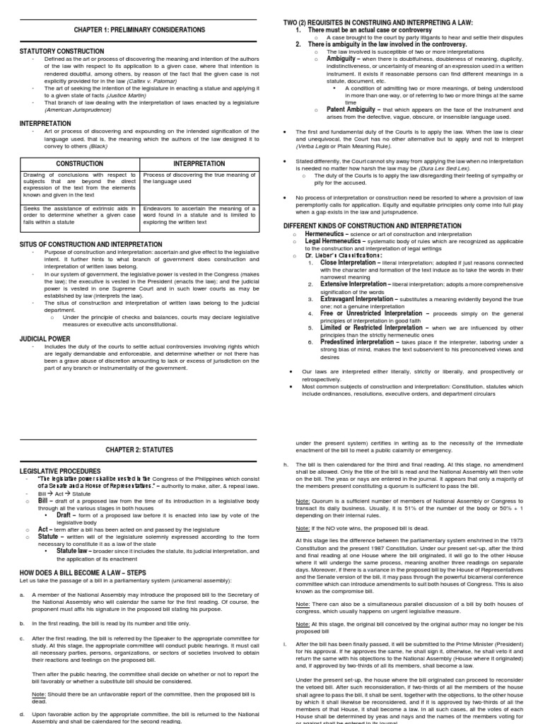 StatCon Prelims Reviewer Diaz | PDF | Bill (Law) | Statutory Interpretation