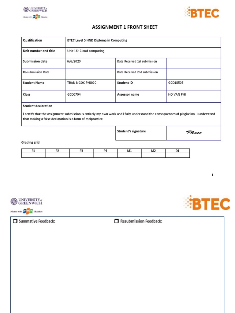 Assignment 1 Front Sheet: Qualification BTEC Level 5 HND Diploma in Computing Unit Number and ...