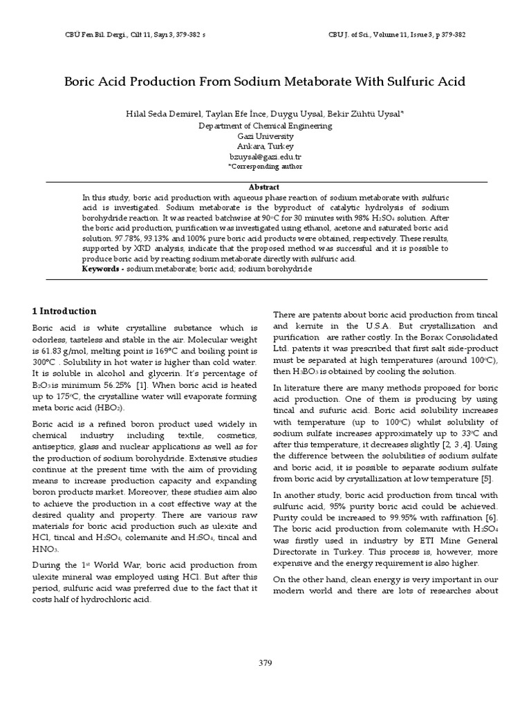 Boric Acid Production From Sodium Metaborate With PDF | PDF ...