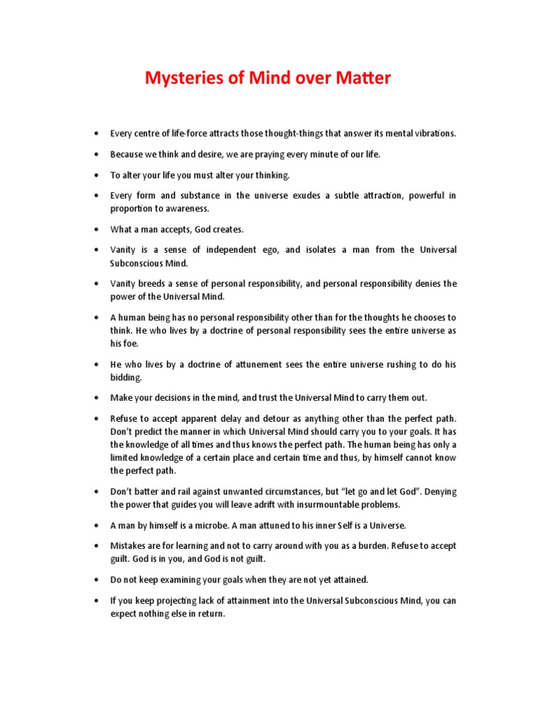 Mysteries of Mind Over Matter | Download Free PDF | Thought | Prayer