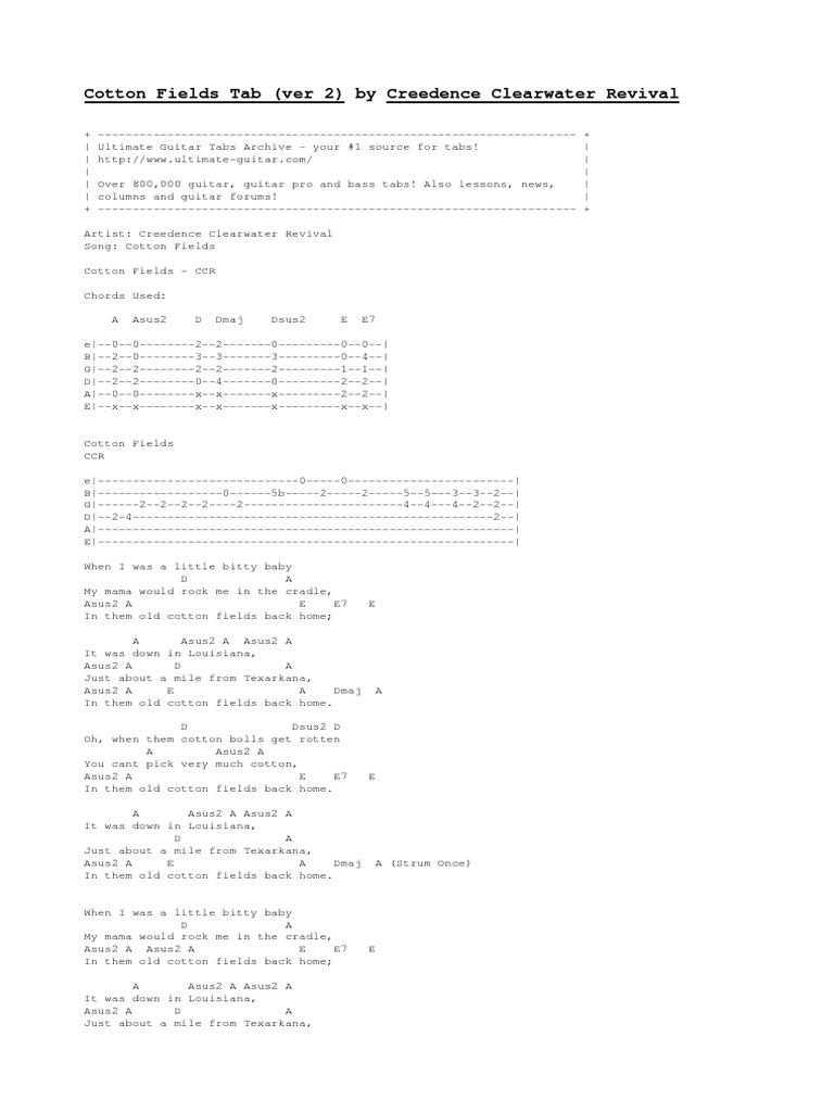 Cotton Fields Guitar Chords Creedence Clearwater Revival: Cotton